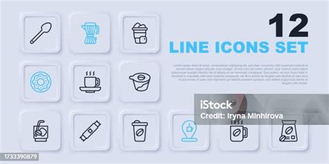세트 라인 커피 컵 가방 커피 콩 위치 도넛 설탕 스틱 패킷 메이커 모카 냄비 및 이동 아이콘 벡터 가리기에 대한 스톡 벡터 아트 및 기타 이미지 Istock
