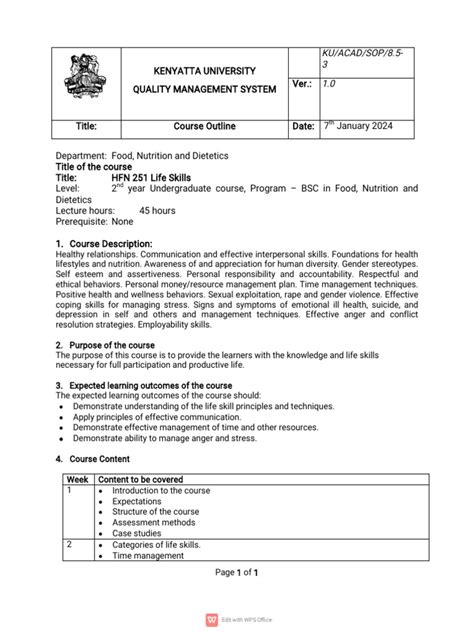 Hfn 251 Life Skills Course Outline January 2024 Pdf Learning Violence