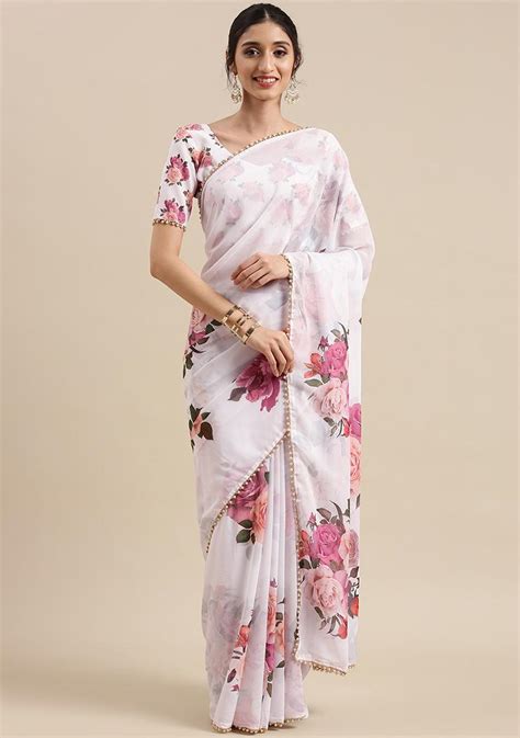 Buy Women White Floral Print Georgette Saree With Blouse Pre Stitched