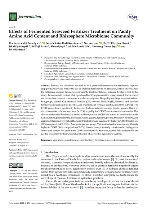 Pdf Effects Of Fermented Seaweed Fertilizer Treatment On Paddy Amino Acid Content And