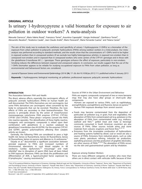 Pdf Is Urinary 1 Hydroxypyrene A Valid Biomarker For Exposure To Air Pollution In Outdoor