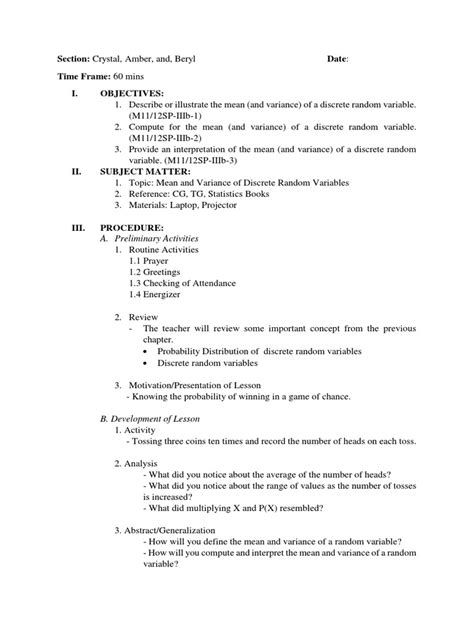 Lp Chapter 2 Lesson 6 Mean And Variance Of Random Variable Pdf