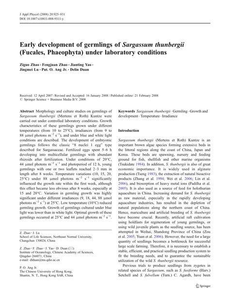 Pdf Early Development Of Germlings Of Sargassum Thunbergii Fucales