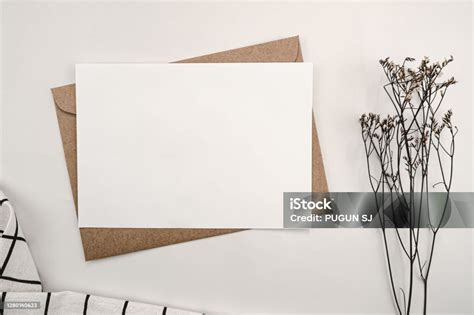 리모늄 건조 꽃과 검은 격자 패턴흰색 천갈색 종이 봉투에 빈 백서 수평 빈 인사말 카드의 모형 흰색 배경에 공예 봉투의 상단 보기 0명에 대한 스톡 사진 및 기타 이미지