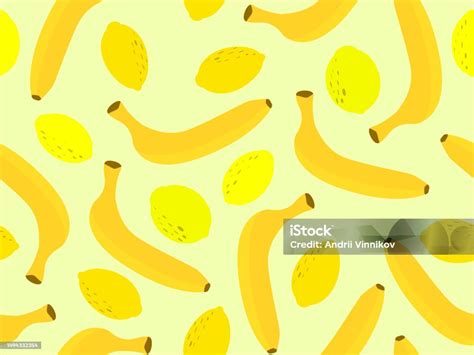 노란색 배경에 미니멀한 스타일의 레몬과 바나나가 있는 여름 과일 이음매 없는 패턴 포장지 종이에 인쇄물 배너 및 포스터를 디자인하십시오 벡터 그림 건강한 식생활에 대한 스톡
