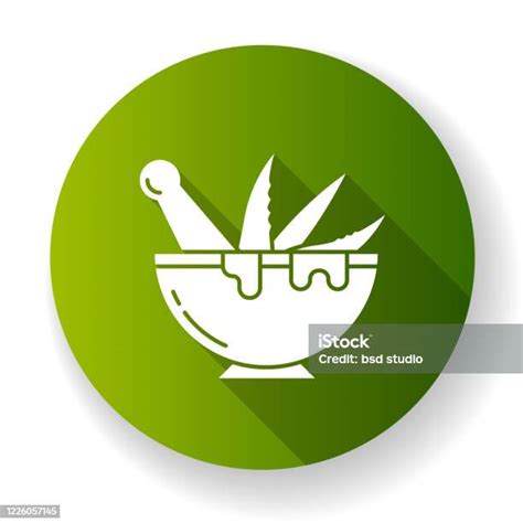 페봉 그린 플랫 디자인 긴 그림자 문말 아이콘 모르타르 그레인링 잎 그릇에 알로에 베라 콩나물 P 약초 액체 화장품 및 피부과 실루엣 Rgb 컬러 일러스트 0명에 대한 스톡