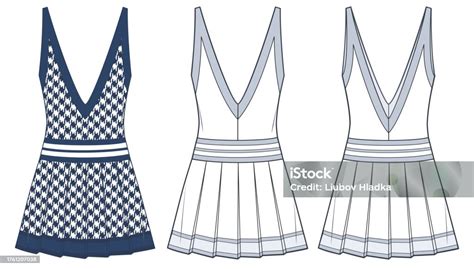 여성의 V 넥 드레스 테크니컬 패션 일러스트 하운드 투스 패턴 주름 드레스 패션 플랫 기술 도면 템플릿 미니 길이 민소매 앞면 뒷모습 흰색 파란색 여성 Cad 모형 세트 0