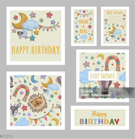 사자 사슴 무지개 별 달 양 풍선손으로 수채화 귀여운 어린이 인사말 카드 포스터 인쇄 엽서 카드 초대장 직물 직물 디자인에 사용 0명에 대한 스톡 벡터 아트 및 기타 이미지