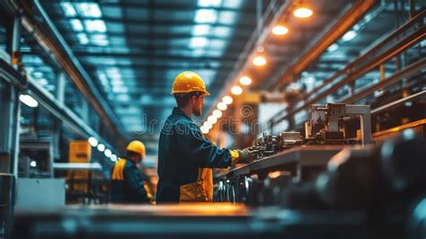 Workers In A Factory Setting Engaged In Assembly Tasks Stock