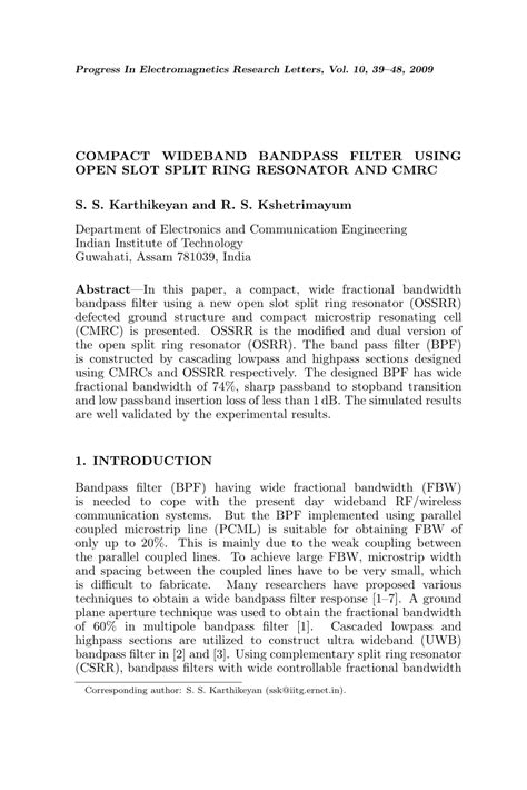Pdf Compact Wideband Bandpass Filter Using Open Slot Split Ring Resonator And Cmrc