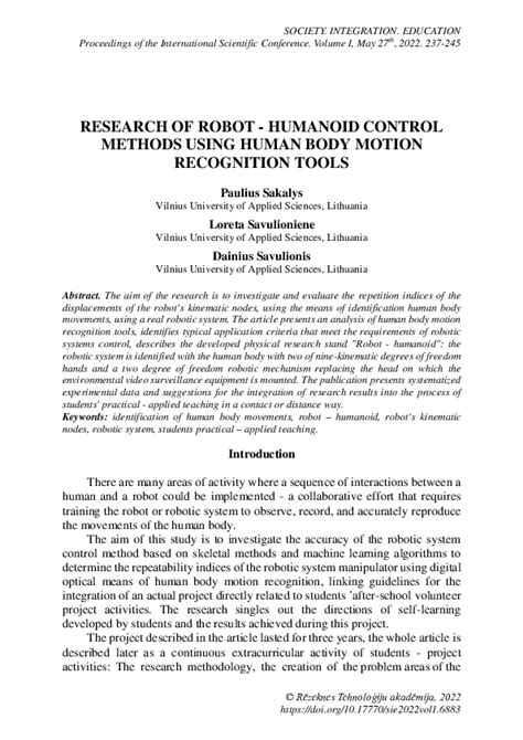 Pdf Research Of Robot Humanoid Control Methods Using Human Body Motion Recognition Tools