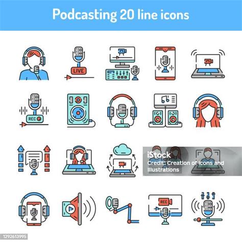 팟캐스트 색상 선 아이콘 세트입니다 웹 페이지용 픽토그램 0명에 대한 스톡 벡터 아트 및 기타 이미지 0명 개념 날씬한
