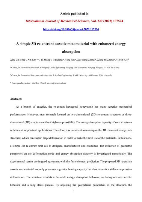 Pdf A Simple 3d Re Entrant Auxetic Metamaterial With Enhanced Energy Absorption