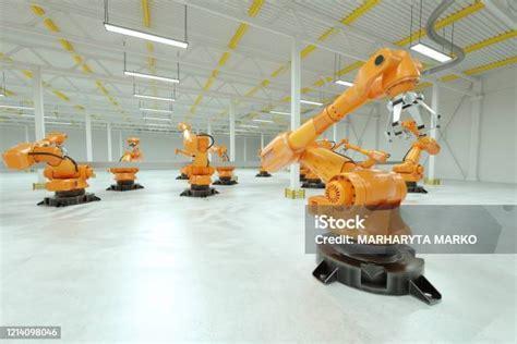 자동 조립 라인 빈 컨베이어 벨트와 오렌지 로봇 팔 조작기 기술 개념 미래 3d 렌더링 3d 일러스트레이션 복사 공간 3차원