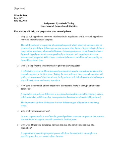 Hypothesis Testing Type Here Yalonda Sam Psyc 4371 July 22 2022 Assignment Hypothesis