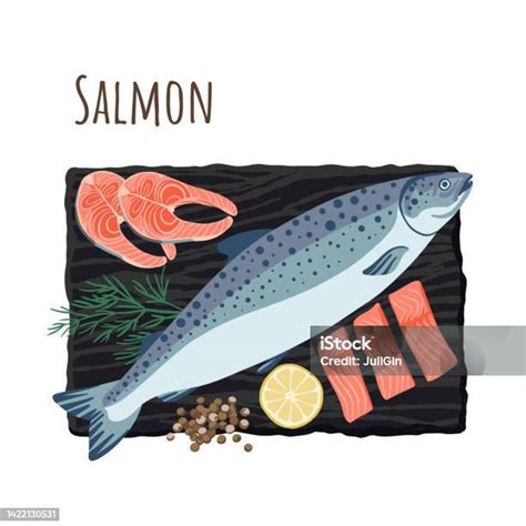 돌판에 조미료가 든 연어 플랫 스타일 딜 레몬 올스파이스 벡터 일러스트 레이 션 강에 대한 스톡 벡터 아트 및 기타 이미지