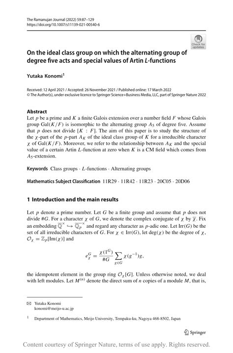 On The Ideal Class Group On Which The Alternating Group Of Degree Five Acts And Special Values