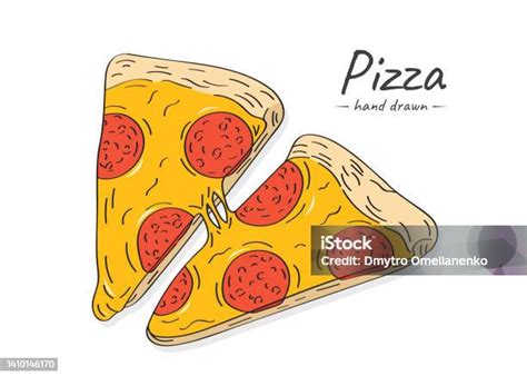 살라미 소시지와 치즈를 곁들인 페퍼로니 피자 조각의 벡터 손으로 그린 스케치 일러스트레이션 피자에 대한 스톡 벡터 아트 및 기타 이미지 Istock