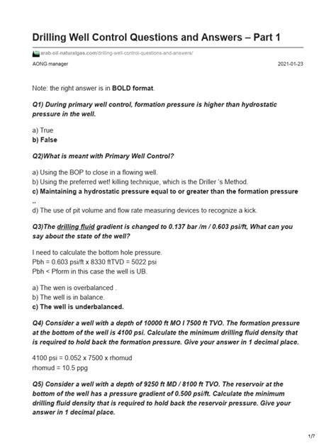 Drilling Well Control Questions And Answers Part 1 Pdf Chemical Engineering Continuum