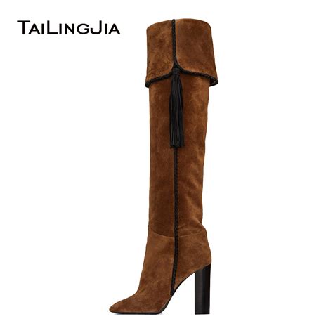 Brown Suede Pointy Toe High Heel Tassel Fold Slouch Boots Chunky Heel Slip On Fringe Knee High