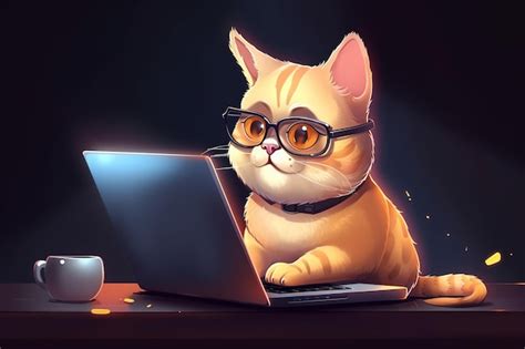 Premium Ai Image Cute Smart Cat Programmer Working At Night On A Laptop Illustration Of A Red