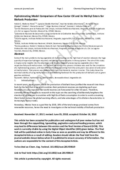 Pdf Hydrotreating Model Comparison Of Raw Castor Oil And Its Methyl Esters For Biofuel Production