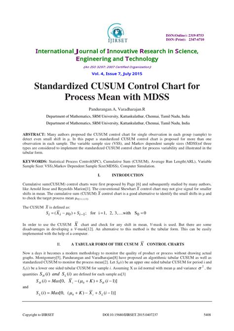 Pdf Standardized Cusum Control Chart For Process Mean With Mdss