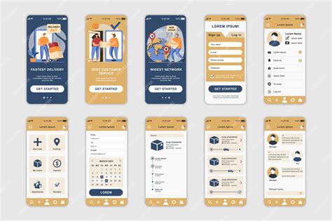 모바일 앱 템플릿 Ui Ux Gui 사용자 인터페이스 키트에 대해 설정된 전달 개념 화면 프리미엄 벡터