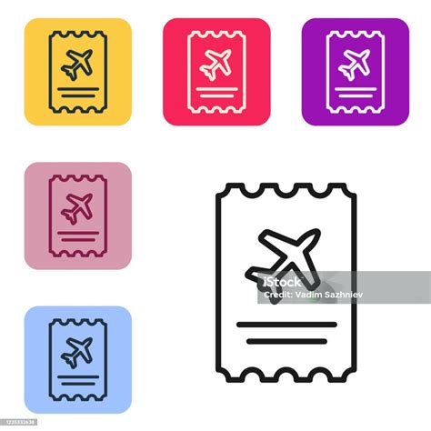 흰색 배경에 격리 된 검은 선 항공사 티켓 아이콘입니다 비행기 티켓 색상 정사각형 버튼으로 아이콘을 설정합니다 벡터 일러스트레이션 건네주기에 대한 스톡 벡터 아트 및 기타