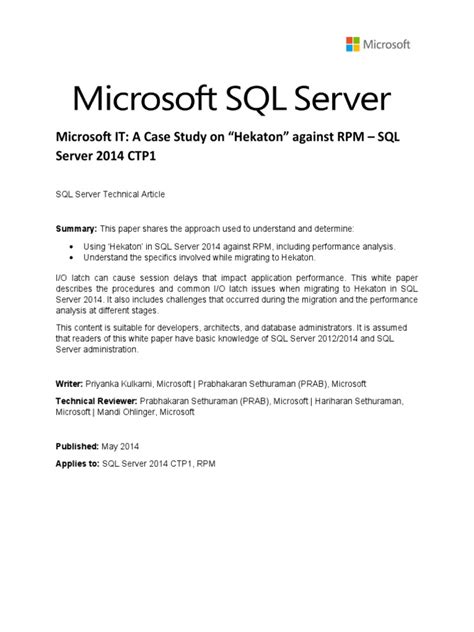 Fitment Of Hekaton Against Rpm Sql Server 2014 Ctp1 Pdf Database Index Microsoft Sql Server