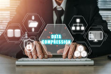 Person Hand Typing Keyboard Computer On Desk With Data Compression Icon