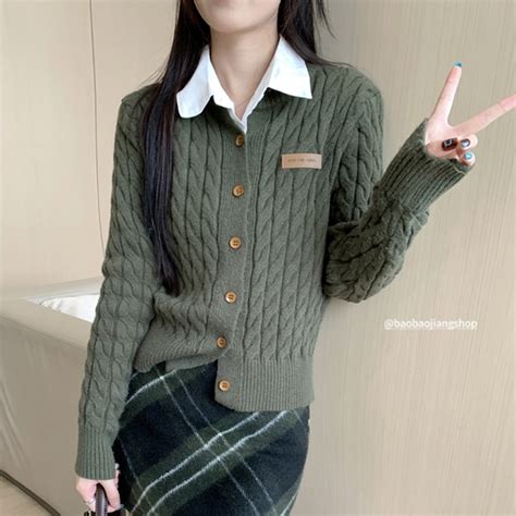 루루홀릭 코디세트레트로 스웨터 두꺼운가디건 재킷 그린 체크 모직 스커트 투피스 세트 Oc124890e