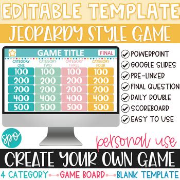 Editable Jeopardy Game Template 4 Category Blank Game Board Personal Use