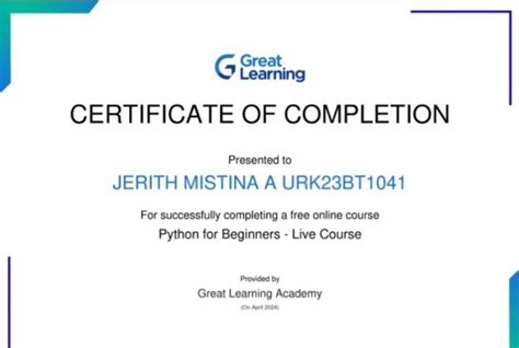 Certificate For Completion Python For Beginners Jerith Mistina