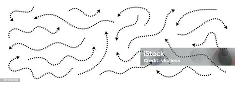 검은 점선의 얇은 화살표가 설정되어 있습니다 물결 모양과 곡선 점선 포인터 모음 흔들리는 스케치 방향선 도트 구불구불한 스트라이프 디자인 요소는 전단지 포스터 브로셔를 위한