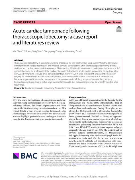 Pdf Acute Cardiac Tamponade Following Thoracoscopic Lobectomy A Case Report And Literatures