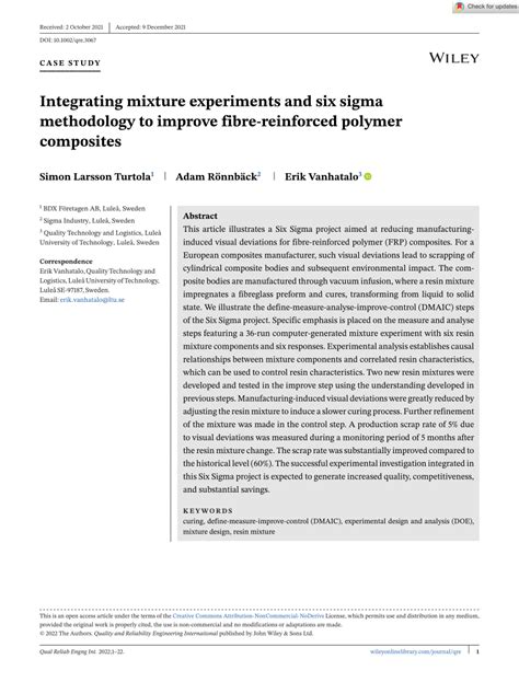 pdf integrating mixture experiments and six sigma methodology to