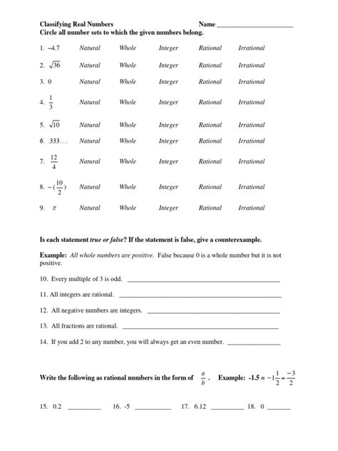 1 3 classifying real numbers homework worksheet pdf
