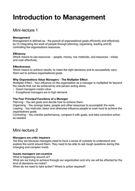 introduction to management notes introduction to management mini