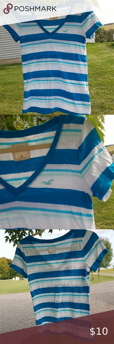 Hollister V Neck Blue Stripe T Shirt In Xs