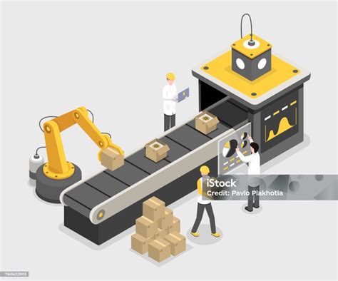 자율 포장 공정 최종 조립 단계 생산 된 상품 아이소메트릭 벡터 일러스트와 상자를 스태킹 로봇 기술 전문가 모니터링 프로세스 품질 3d 개념 보장 등측투영법에 대한 스톡