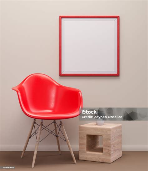 포스터와 제품 진열장 및 복사 공간을 위한 밝은 갈색 내부 방의 벽에 붉은 색의 단일 정사각형 액자 3d 렌더링 0명에 대한 스톡 사진 및 기타 이미지 Istock