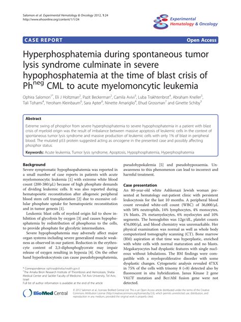 Pdf Hyperphosphatemia During Spontaneous Tumor Lysis Syndrome Culminate In Severe