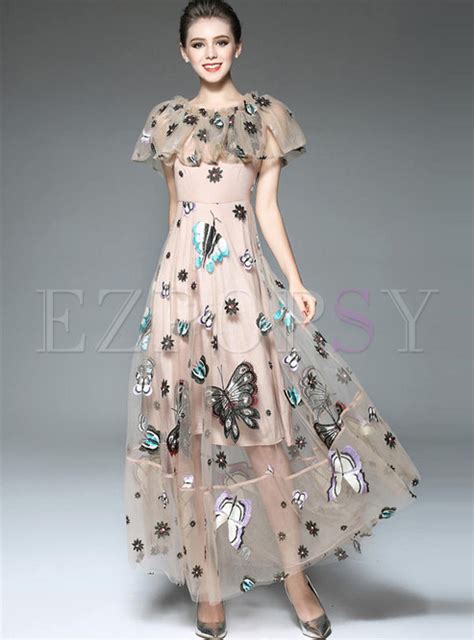 Dresses Maxi Dresses Romantic O Neck Mesh Embroidery Maxi Dress