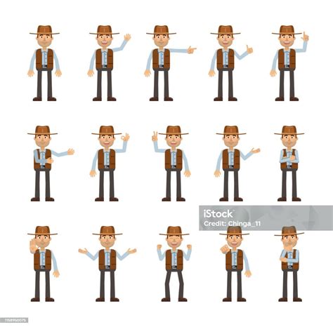 다른 손 제스처를 보여주는 카우보이 캐릭터의 집합입니다 엄지 손가락을 보여주는 쾌활한 카우보이 가리키는 인사 승리 정지 기호 및 기타 손 제스처 카우보이에 대한 스톡 벡터