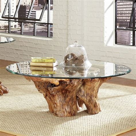 Wood Stump Coffee Table With Round Glass Top Nature Inspired Living
