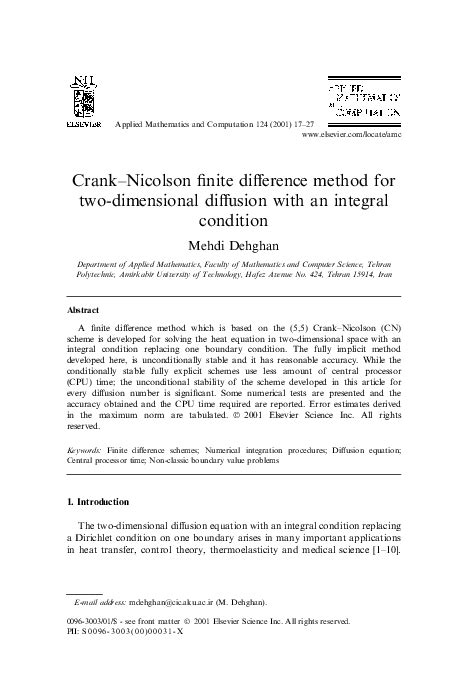 Pdf Cranknicolson Finite Difference Method For Two Dimensional Diffusion With An Integral