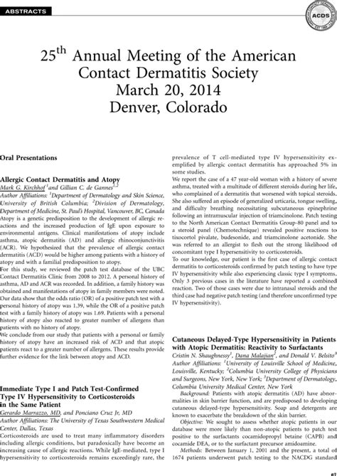 25th Annual Meeting Of The American Contact Dermatitis Society March 20