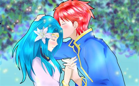 Two Anime Characters Kissing Each Other In Front Of Trees And Snowflakes With Stars On Them