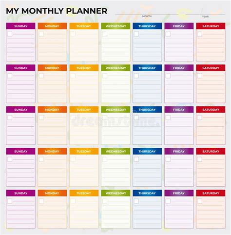 Colorful Monthly Planner Template With Blank Calendar Grid Stock Vector
